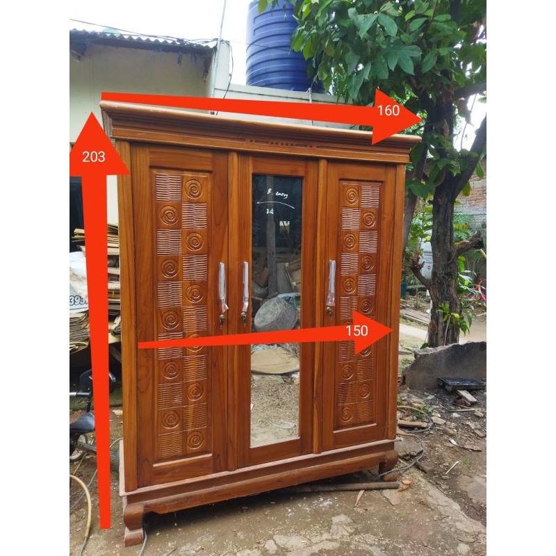 Jual lemari pakaian 3 pintu kaca jati muda(jati manium) | Shopee Indonesia