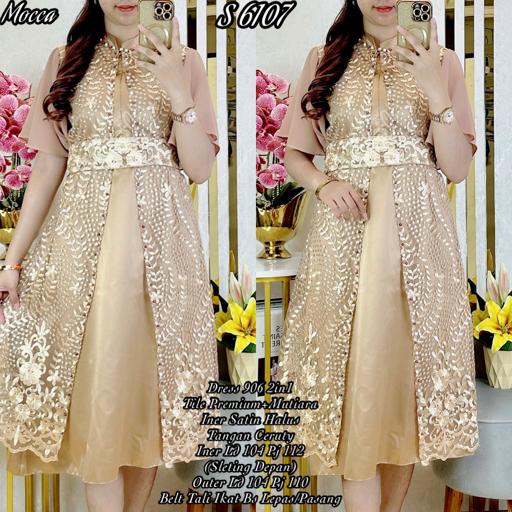 Jual 6107 Dress 2In1 Tile Bintik Satin Mutiara Belt Tali Super Mewah ...