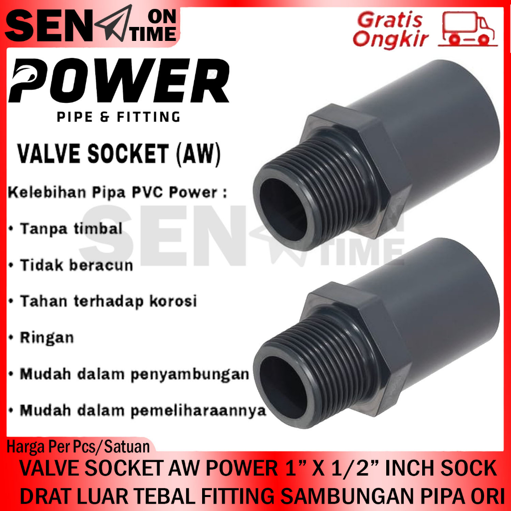 Jual VALVE SOKET AW POWER 1"x1/2" INCHI SOK SOCK DRAT LUAR TEBAL ...