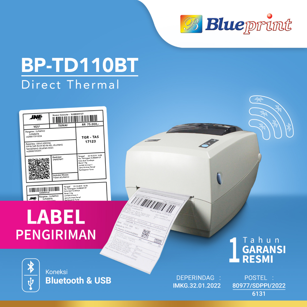 Jual Barcode Printer Thermal Label Resi Pengiriman A6 Blueprint TD110BT ( usb + bluetooth ...