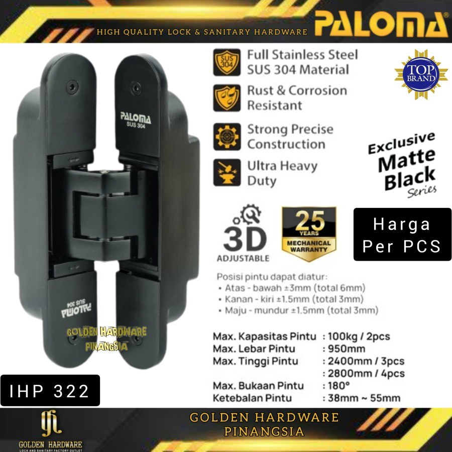 Jual ENGSEL TANAM PINTU CONCEALED INVISIBLE HINGE HITAM PALOMA IHP 322 ...