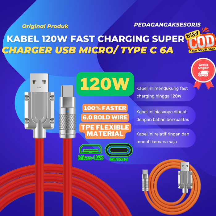 Jual Kabel Data 120W 6A Fast Charging for usb micro / Type C Bahan Silikon | Shopee Indonesia