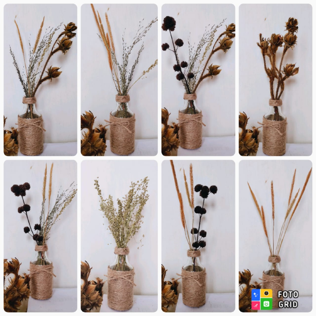 Jual Termurah! Satu Set ( Vas Kaca Tali rami dan 3 Jenis Bunga Kering ...