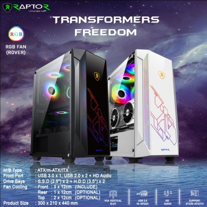 Jual Casing PC Raptor Transformer FREEDOM Mid Tower ATX With 3 Fan ...