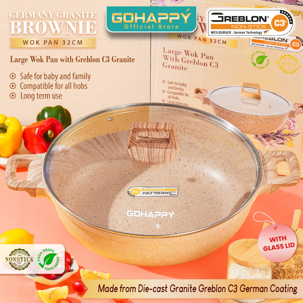 Jual WOK PAN SUPER BESAR 32CM Granite Greblon C3 Coating PANCI GOHAPPY ...