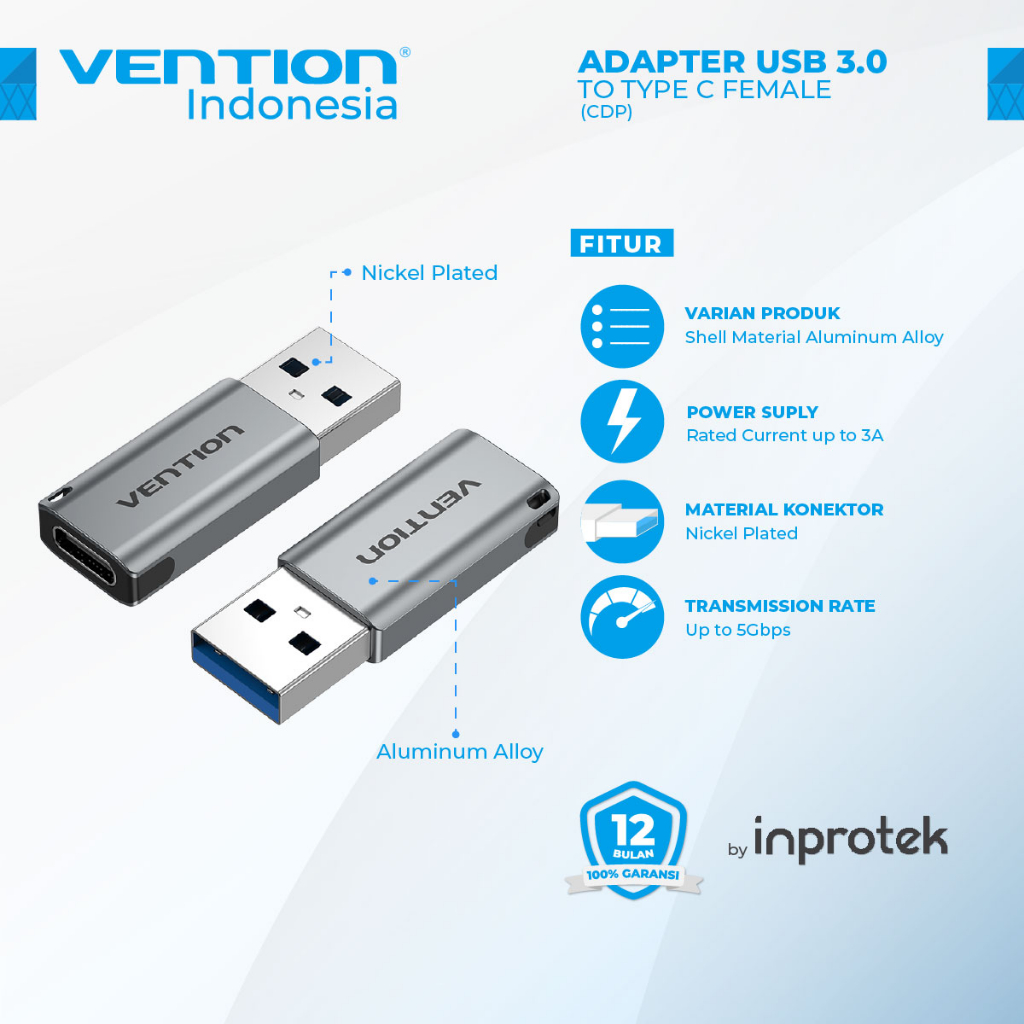 Jual Vention Adaptor Converter OTG USB A 3.0 to USB Type C USB-C Female CDP CUA | Shopee Indonesia