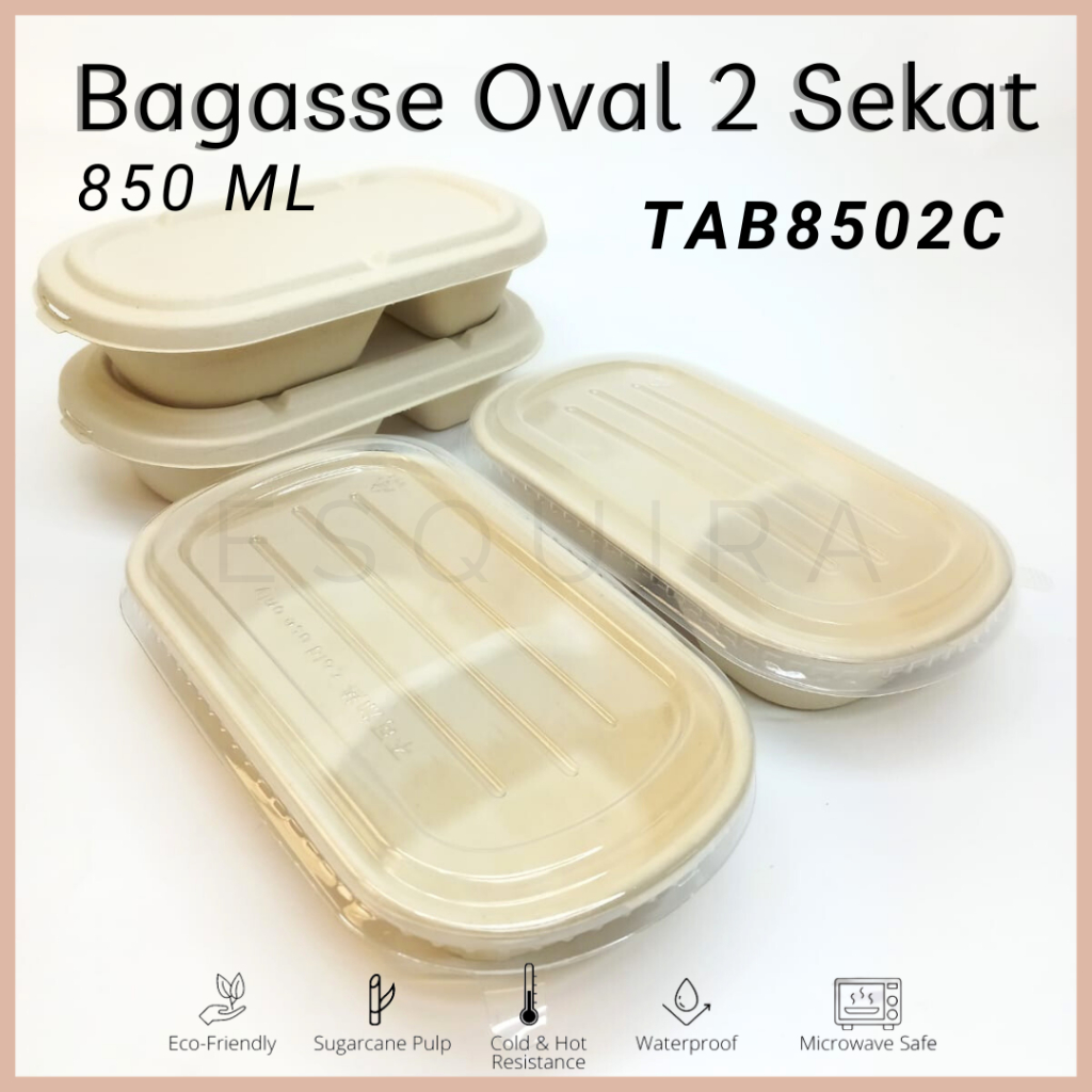 Jual 2 Compartement Oval Sugarcane Bagasse 850 ML / Lunch Box 10 Pcs + Lid / TAB8502C | Shopee ...