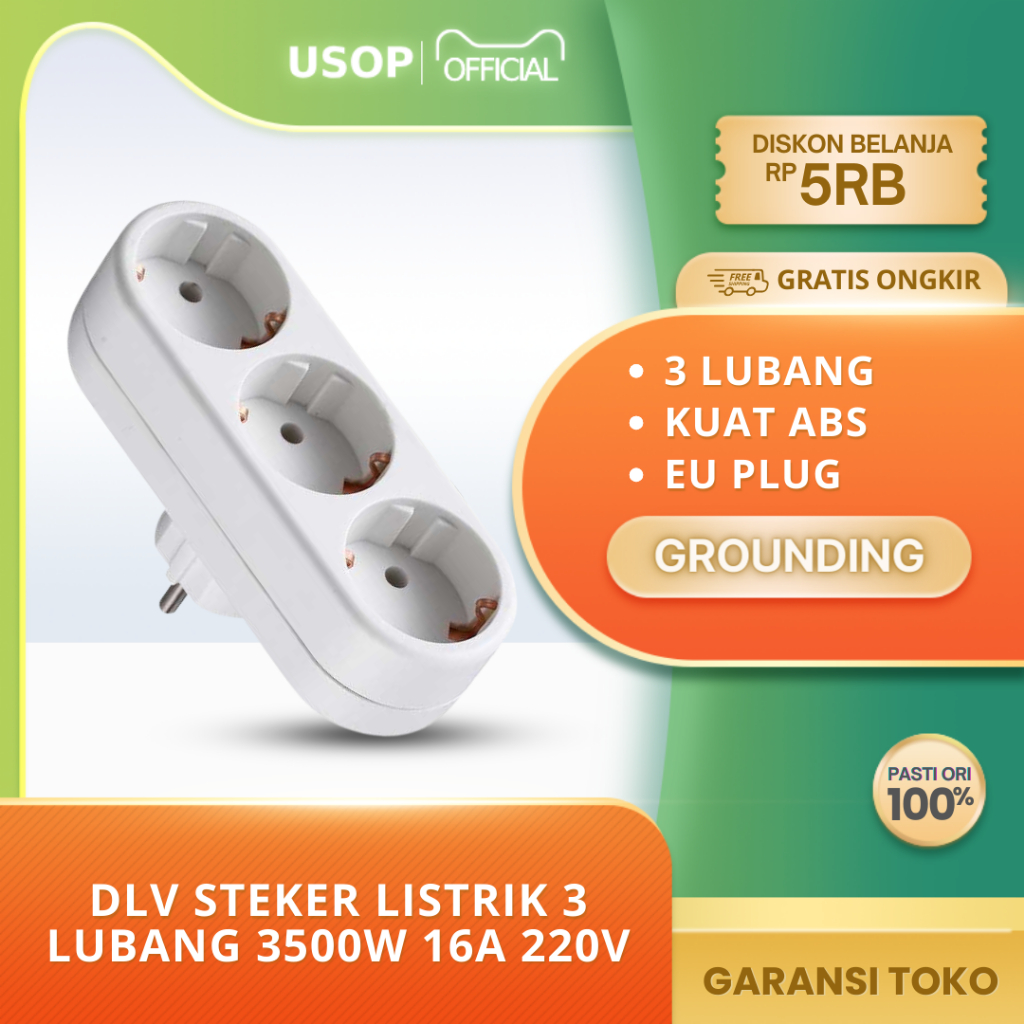 Jual DLV Steker Listrik 3 Lubang Grounding Socket Extension 3500W 16A ...