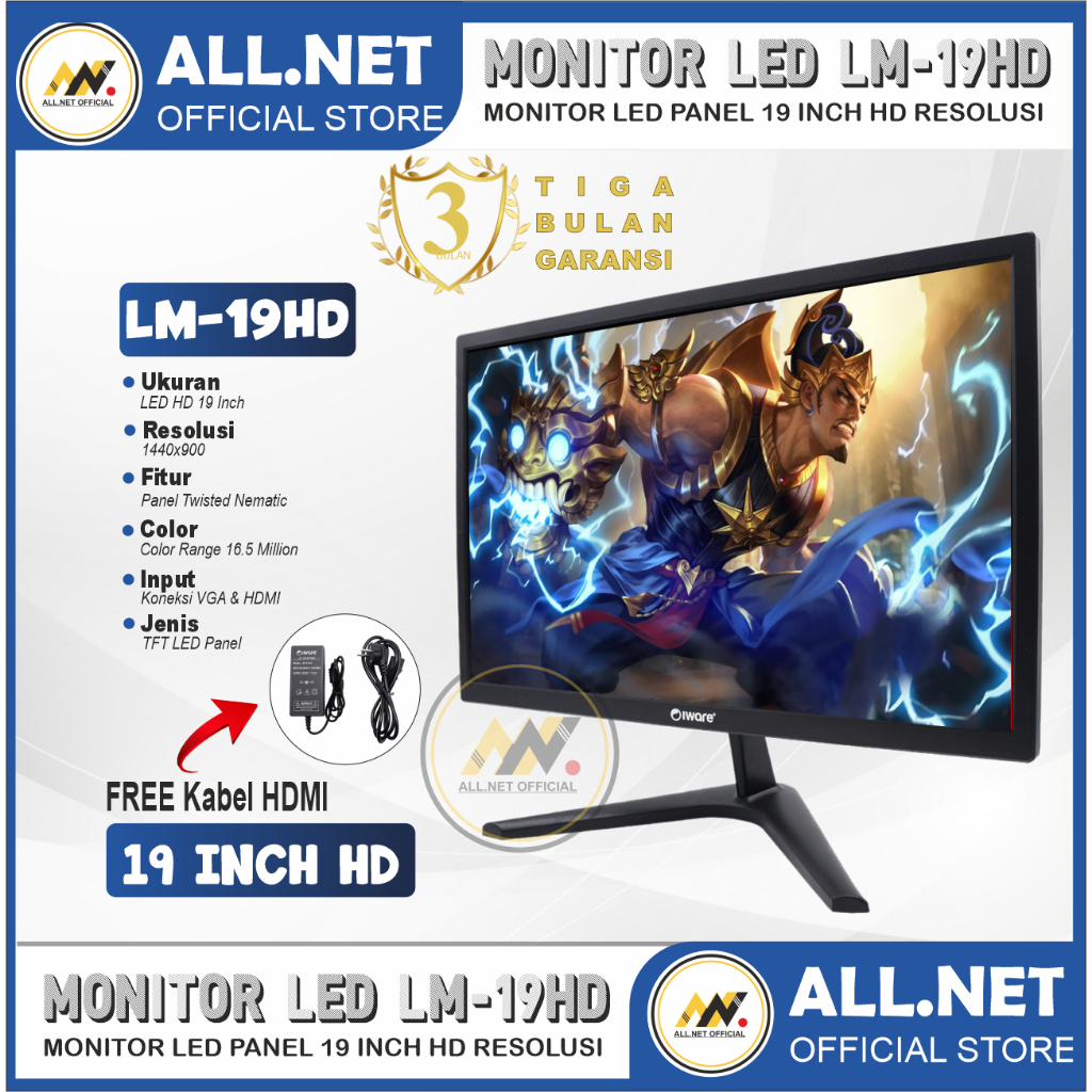 Jual Led Monitor IWARE LM-190HD 19" inch HDMI VGA Plug n Play Garansi 1 ...