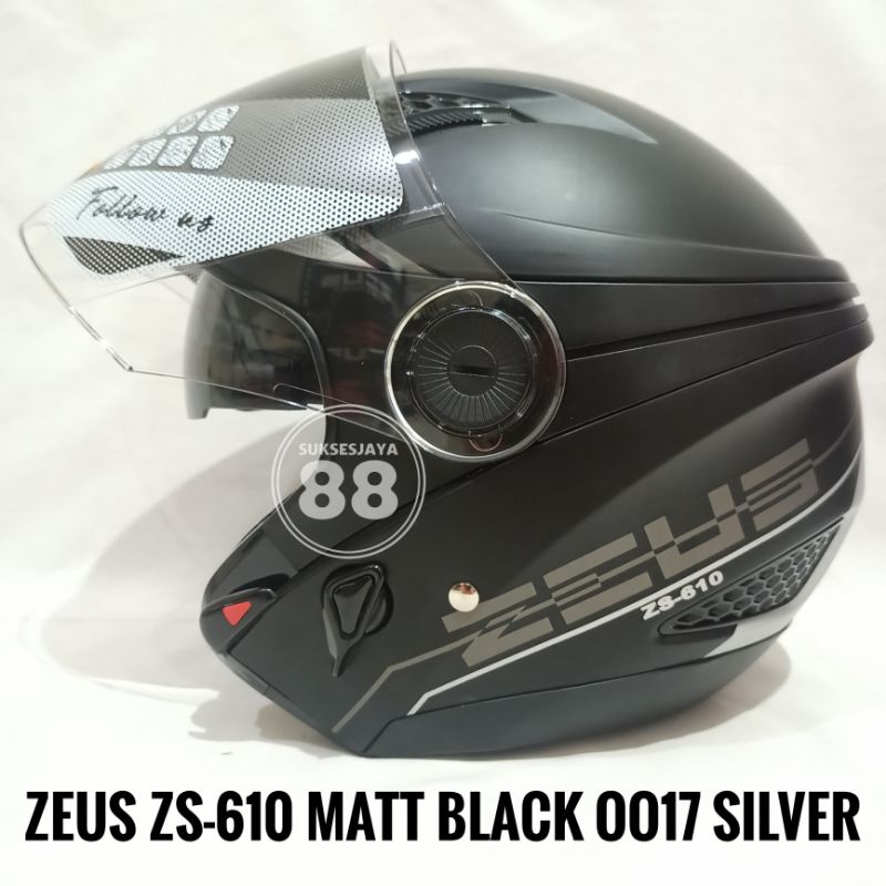 Jual Zeus ZS-610 Matt Black OO17 Silver Helm Half Face Double Visor ...