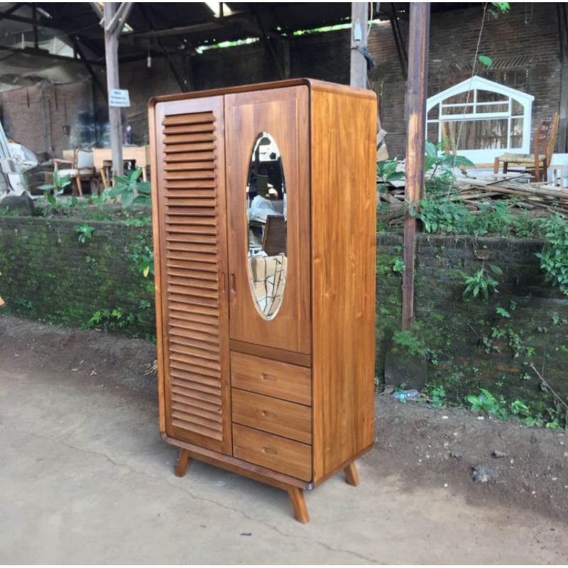 Jual Lemari pakaian Kayu jati tua model retro minimalis pintu 2 cermin ...