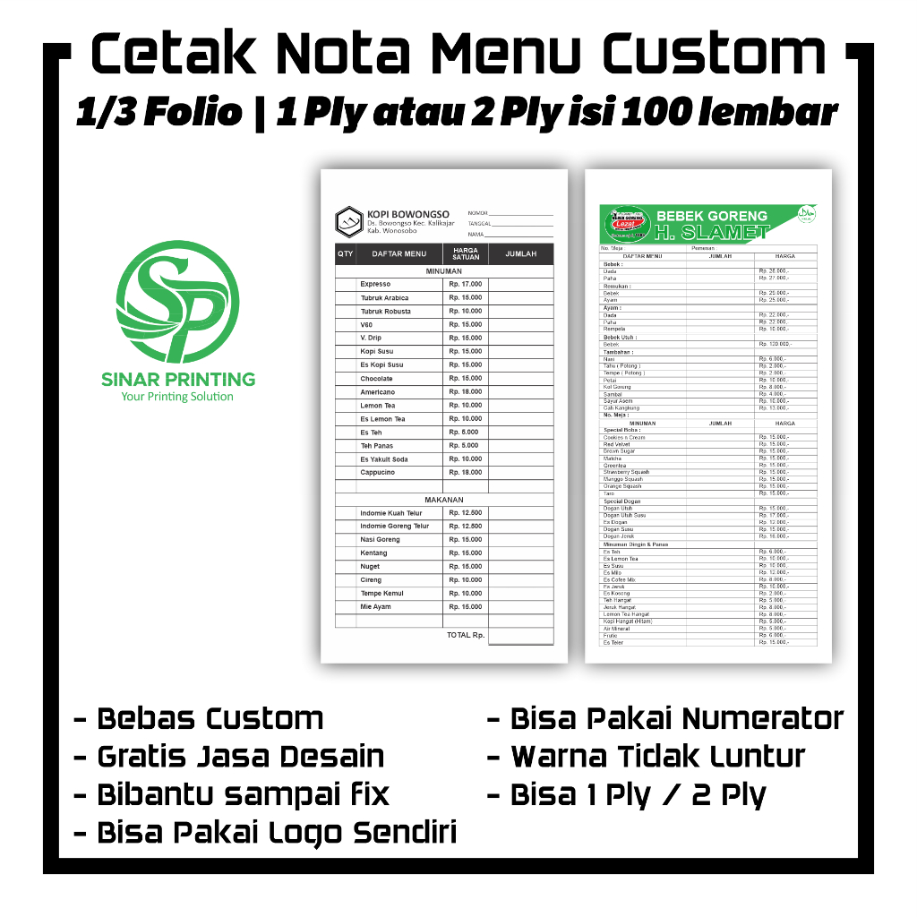 Jual Nota Menu Custom - Nota Cafe - Nota Rumah Makan - Nota Custom 1/3 ...