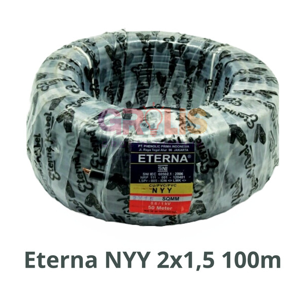 Jual Eterna Kabel NYY 2x1,5 Roll 100 Meter Kabel Listrik Hitam Tembaga Kawat Tunggal Engkel 2 x ...
