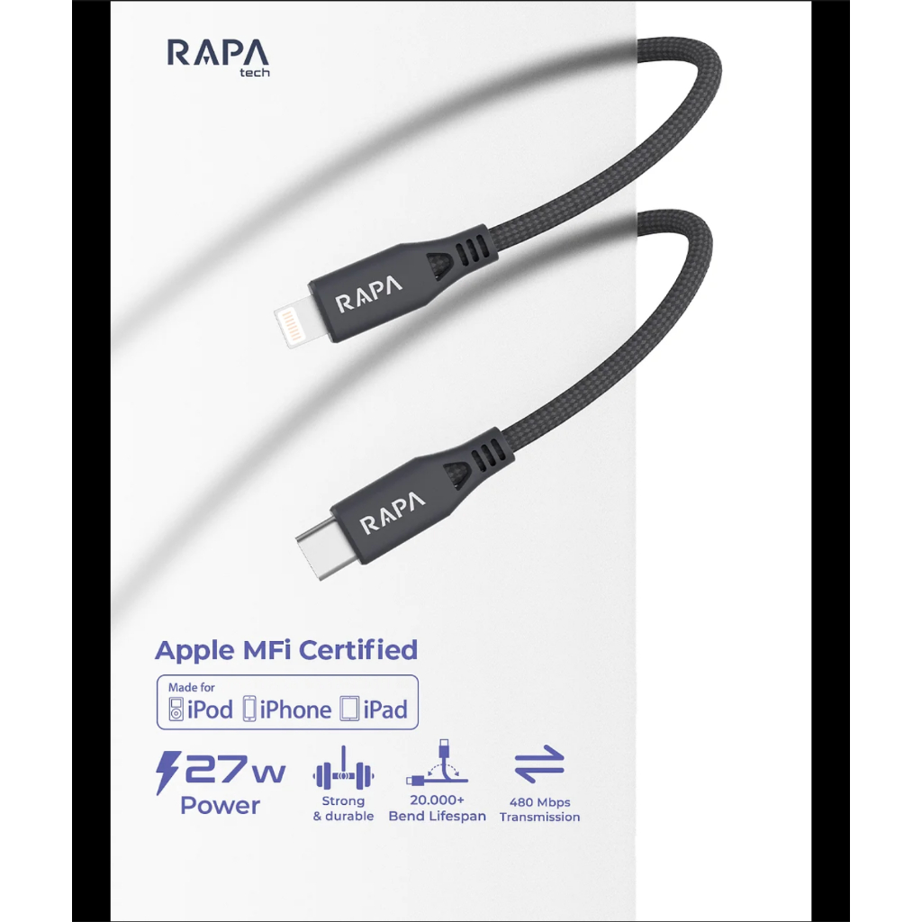 Jual Kabel Iphone RAPA LINE+ C to Lightning Nylon Braided 27W MFi Black ...
