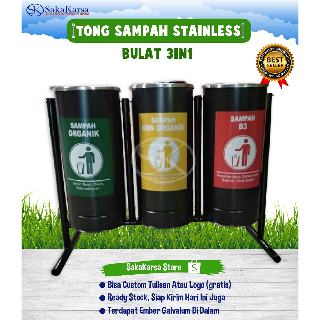 Jual TEMPAT SAMPAH STAINLESS BULAT 3IN1 PAKAI TIANG TUTUP SWING ...