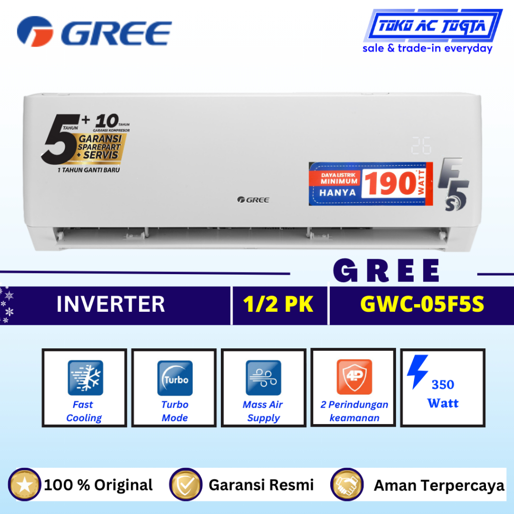 Jual AC Split Merk Gree Tipe Inverter Ukuran 1/2 PK (GWC-05F5S ...