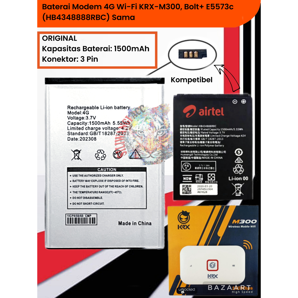 Jual Baterai Modem Wifi Mifi KRX M300 Bolt+ 4G E5573c HB4348888RBC(3 Pin) Original | Shopee ...