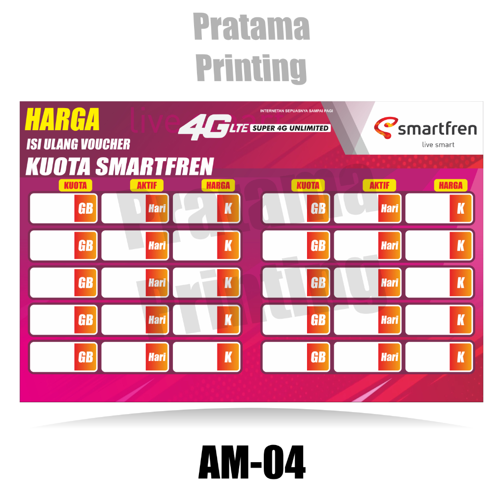 Jual Poster Konter Daftar Harga Kuota [SMARTFRIEND - AM04] | Shopee ...