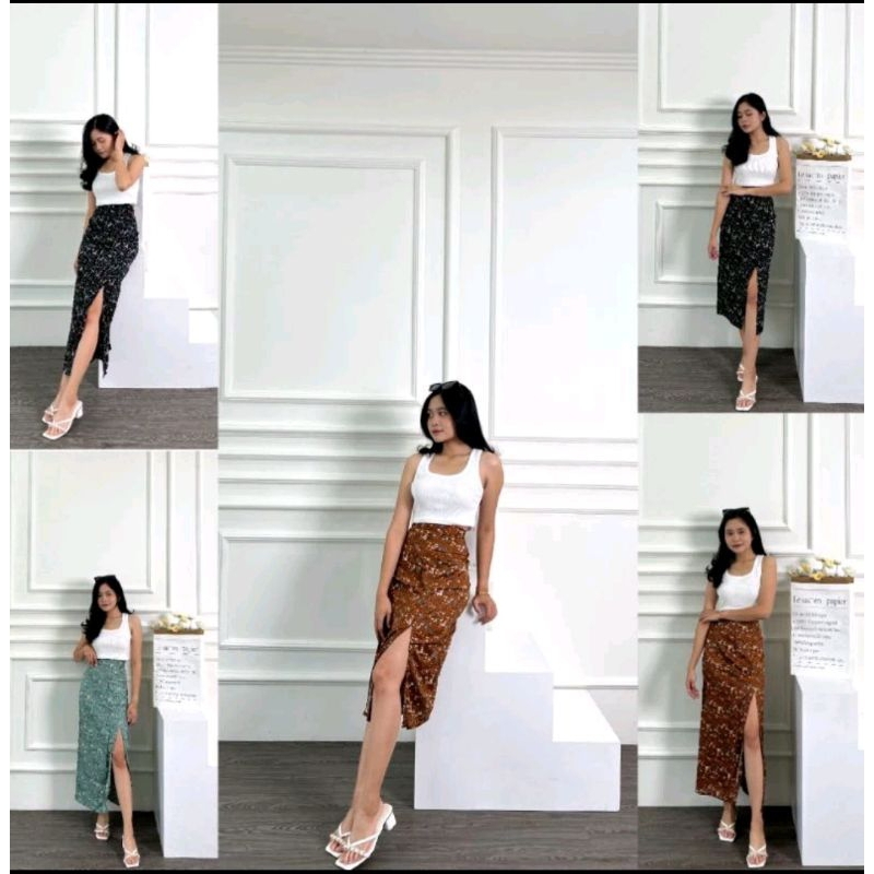 Jual Rok Midi Belah Samping - Rok Korean Style - Rok Motif Bunga Bahan ...