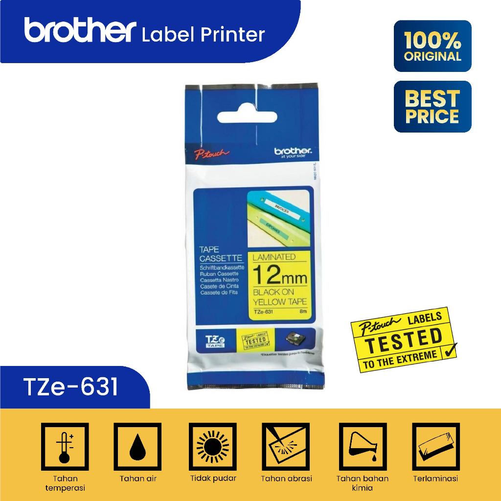 Jual Brother Label TZE-631 12mm x 8m Black On Yellow Laminated Tape ...