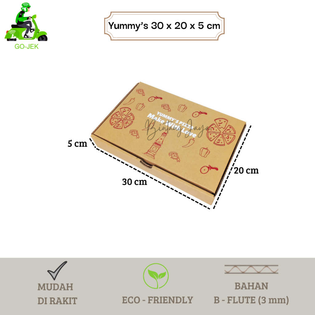 Jual KEMASAN PIZZA/BOX PIZZA UKURAN 30 X 20 X 5 CM MOTIF KARDUS YUMMY'S ...