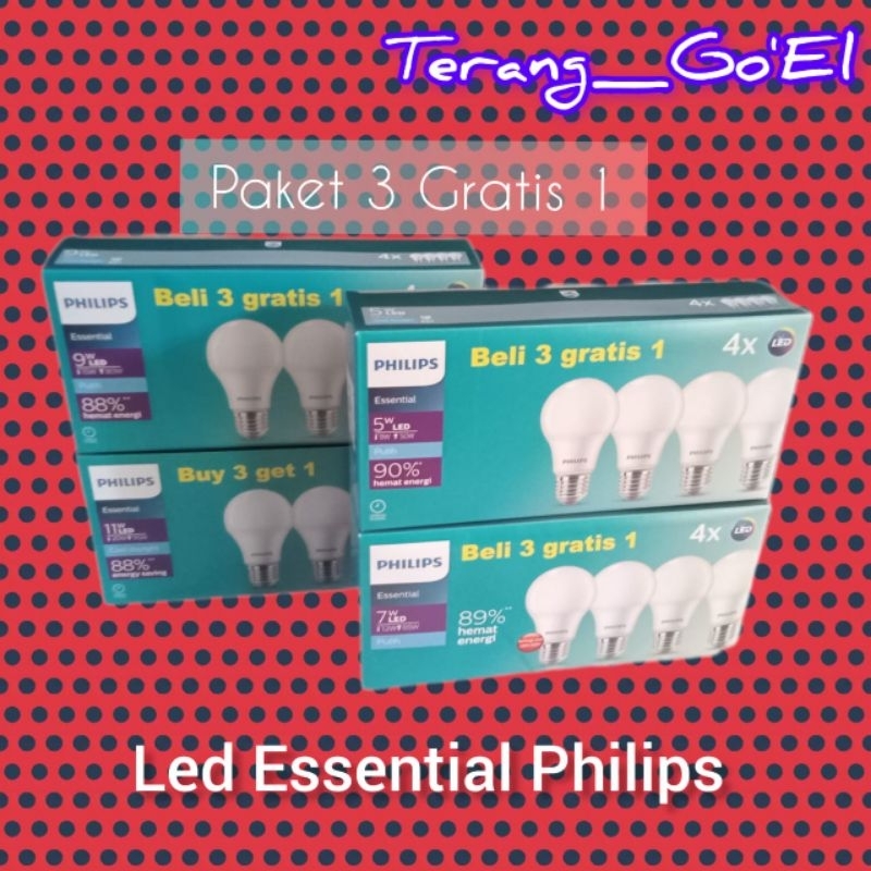 Jual PHILIPS LED ESSENTIAL MULTIPACK 3 GRATIS 1 5W,7W,9W,11W PUTIH ...
