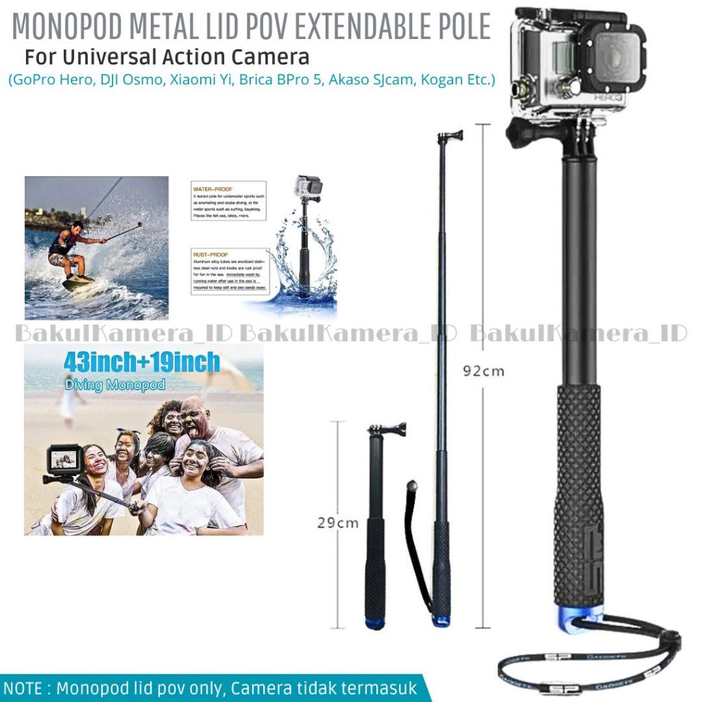 Jual Metal Lid Pov Extendable Pole Monopod 93cm for DJI Osmo Action Cam ...