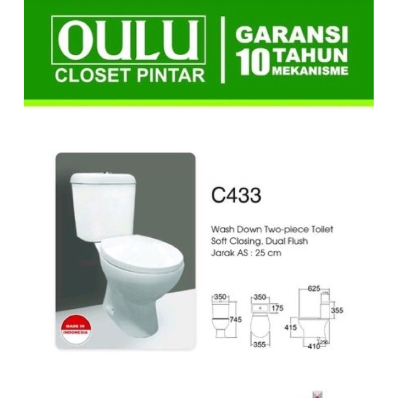 Jual Oulu Closet / Kloset Toilet Duduk Kw1 C 433 C433 Wash Down Dual Flush | Shopee Indonesia