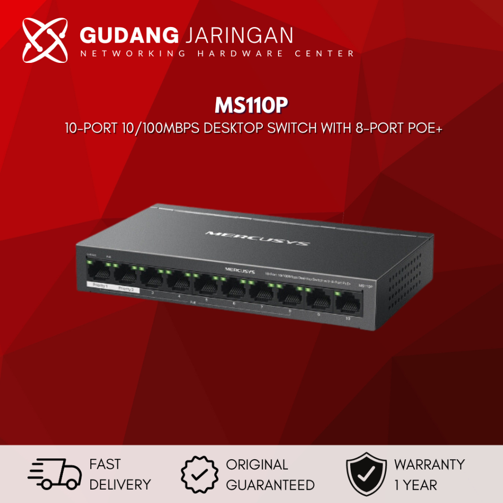 Jual MERCUSYS MS110P 10 Port 10/100Mbps Desktop Switch with 8 Port PoE+ | Shopee Indonesia