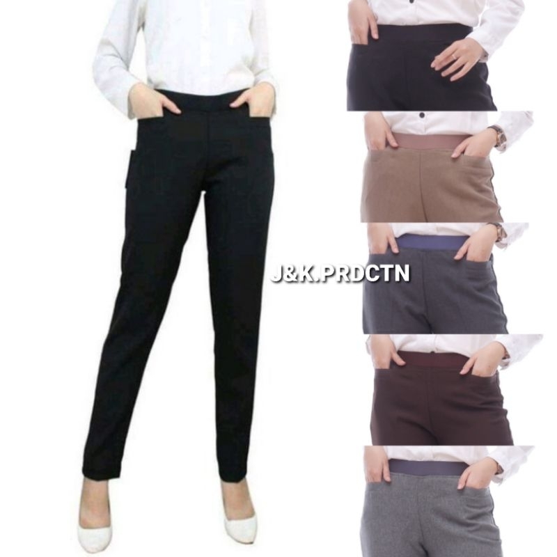 Jual celana kantor pinggang karet celana kerja wanita celana bahan formal | Shopee Indonesia