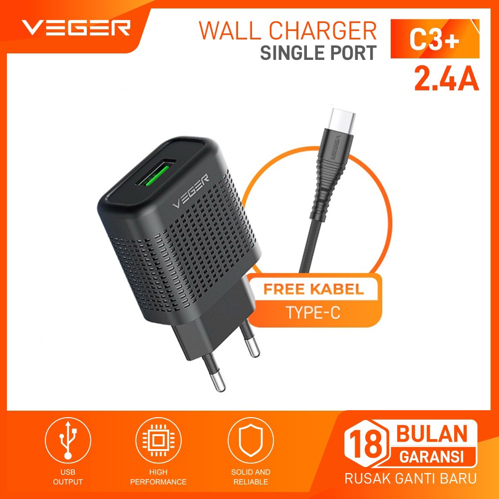 Jual Wall Charger C3+ Single 1 Port USB Output 2.4A For iPhone / Type C ...
