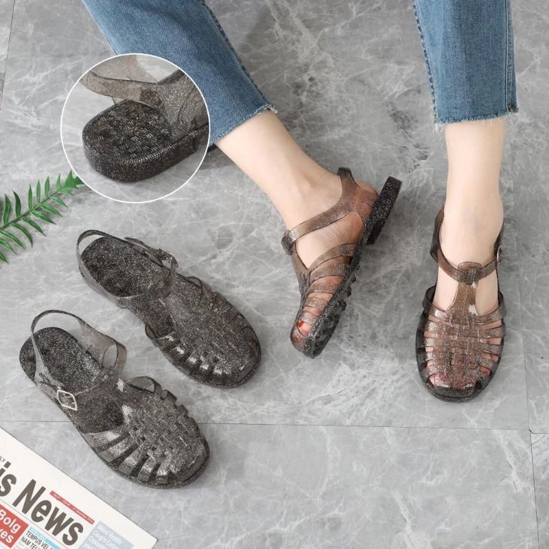 Jual (COD) sepatu sandal jelly kaca wanita/ meishaAge jelly transparan ...