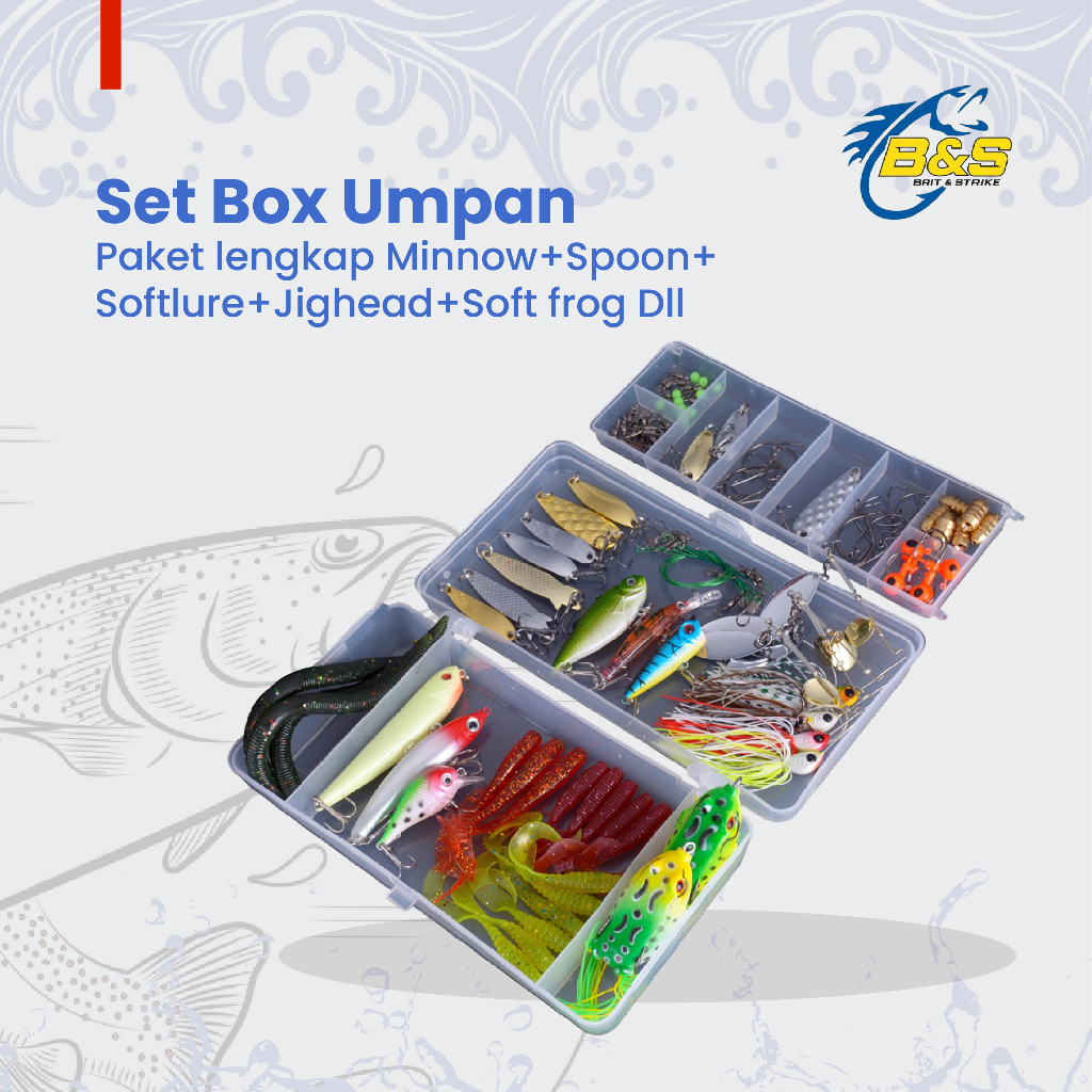 Jual Lurekiller Set Box Umpan paket lengkap Minnow+Spoon+Softlure+Jighead+Soft frog DLL umpan ...