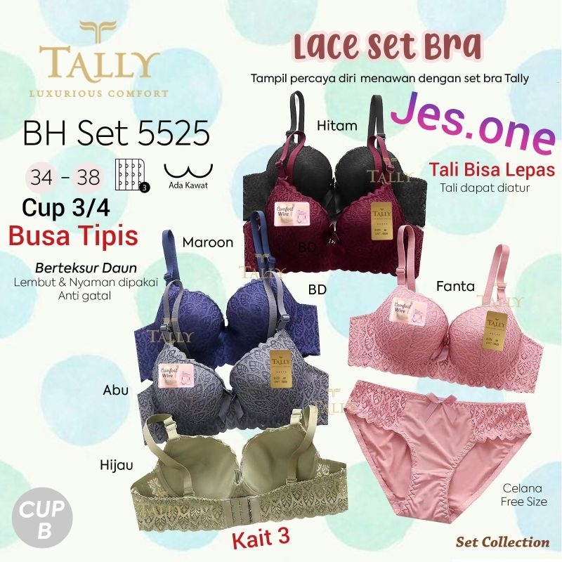 Jual TALLY 5525 BH Bra Set CD Brokat Berkawat Busa Tipis Kait 3 Cup B sz 34 - 38 | Shopee Indonesia
