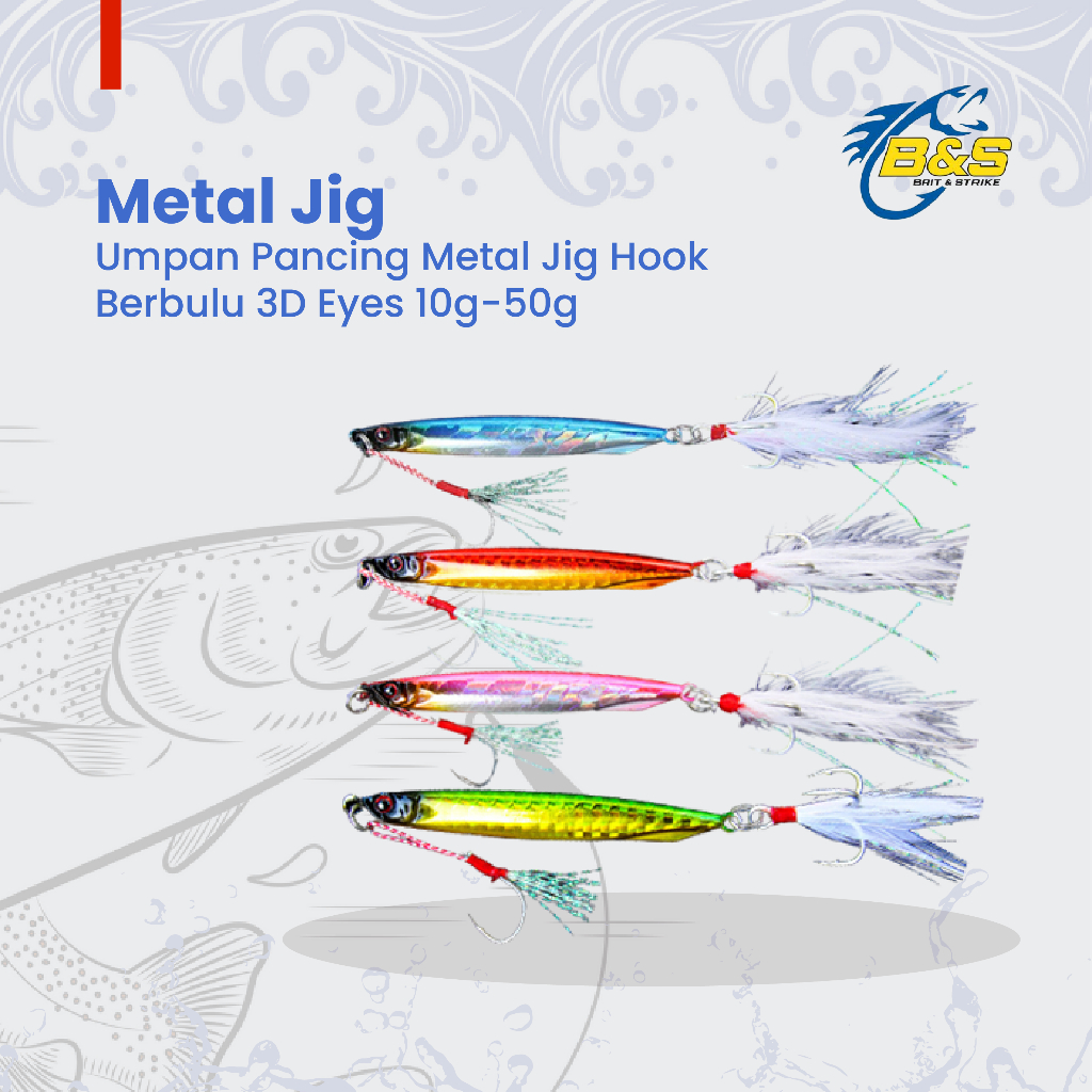 Jual Umpan Pancing Metal Jig 10g/15g/20g/30g/40g/50g metal jig hook berbulu 3D eyes MJ187 ...