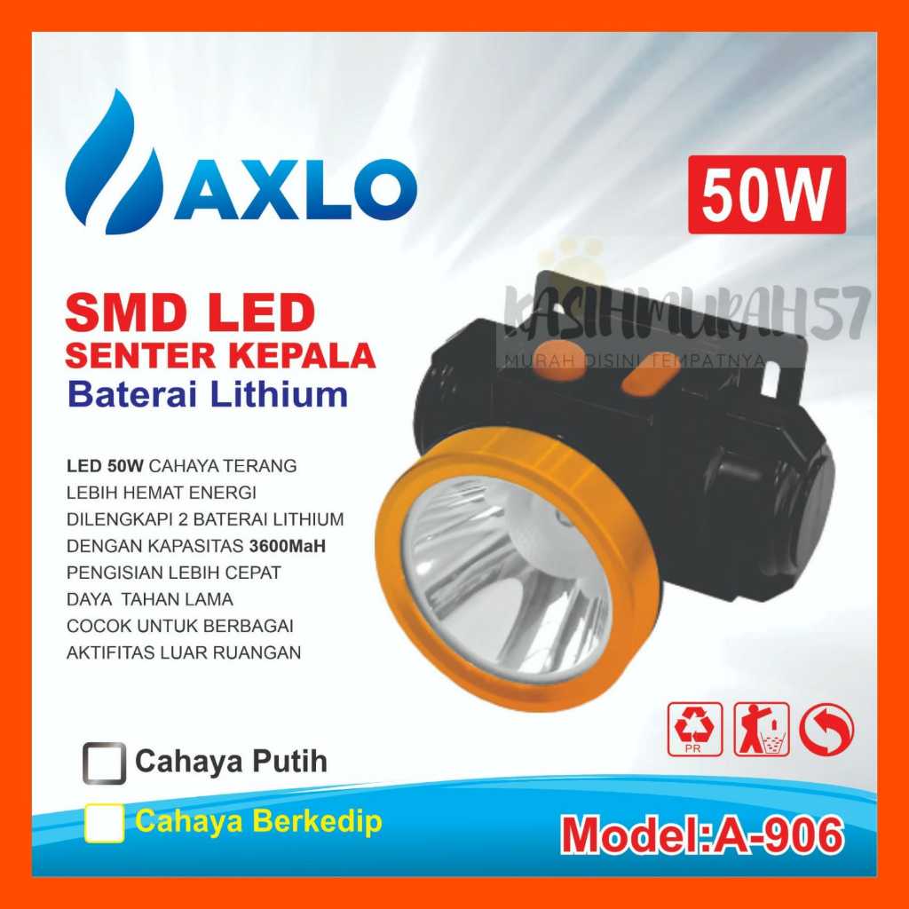 Jual SENTER KEPALA AXLO A-906 / SMD LED SENTER KEPALA BATERAI LITHIUM ...