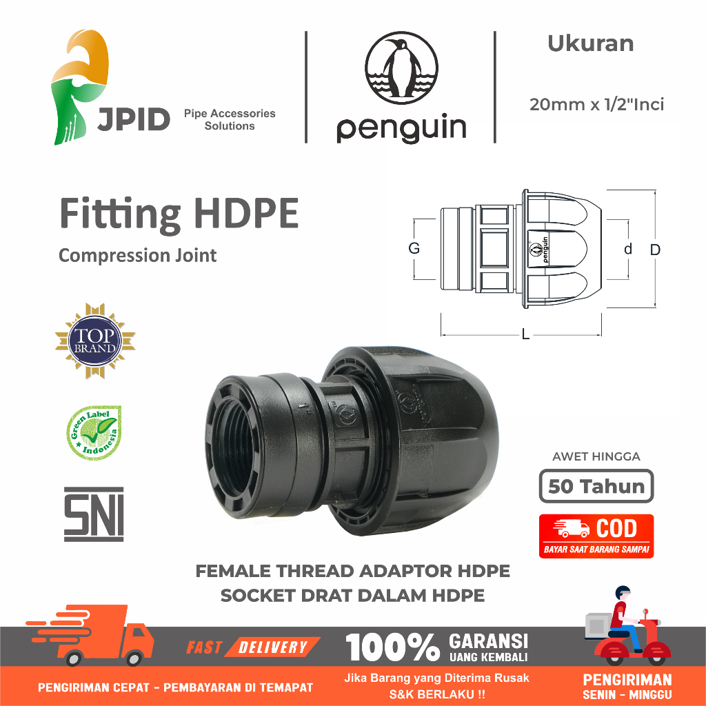 Jual Fitting HDPE Female Thread Adaptor 20mm x 1/2" | Shopee Indonesia