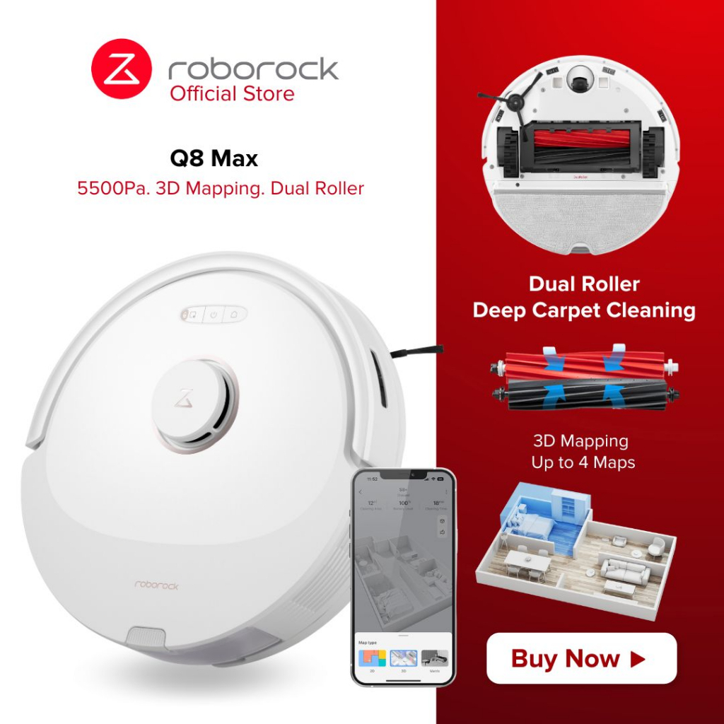 Jual Roborock Q8 Max Robotic Vacuum 5500Pa Dual Roller 3D Mapping Vacuum Mop AI Obstacle ...