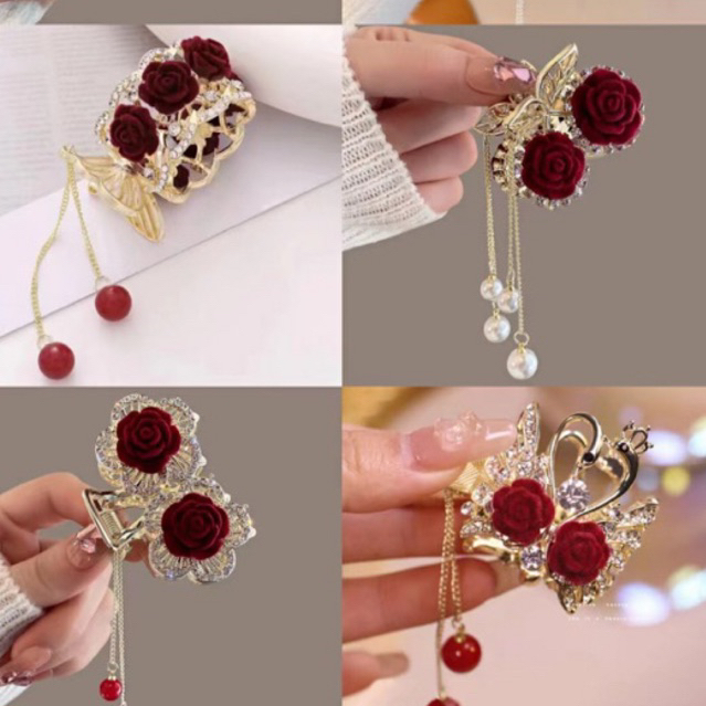 Jual JEPITAN GAYA KOREA MOTIF BUNGA MERAH PERMATA JP337028 | Shopee ...