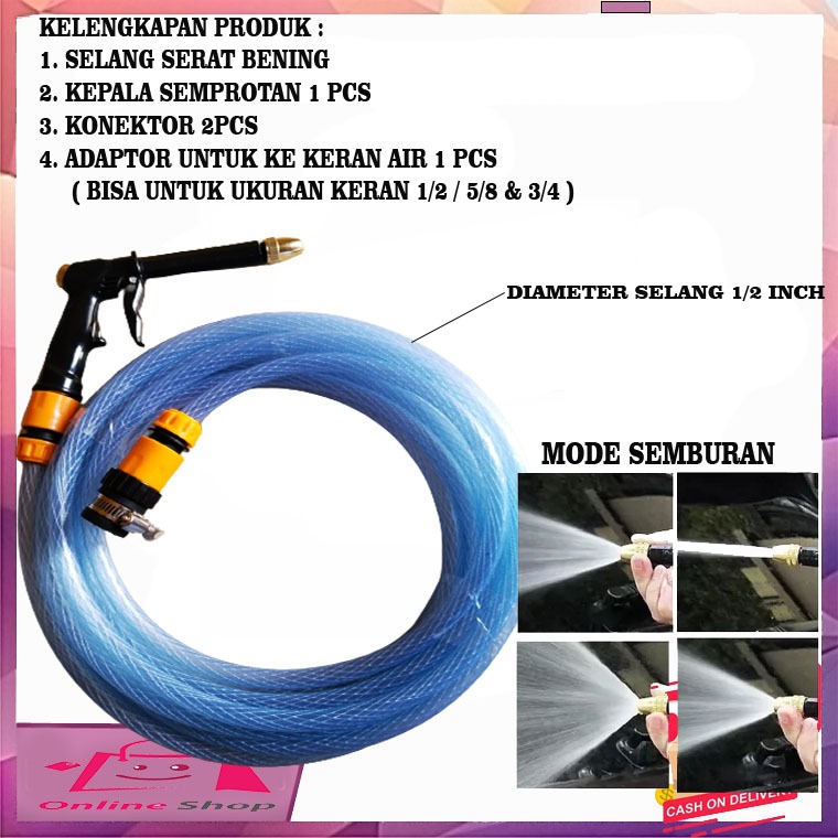 Jual SELANG AIR BENANG TRANSPARAN 1/2 INCH DENGAN KEPALA SEMPROTAN AIR CUCI MOTOR / SELANG CUCI ...
