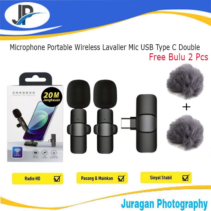 Jual Microphone Portable Wireless Lavalier Mic USB Type C Double ...