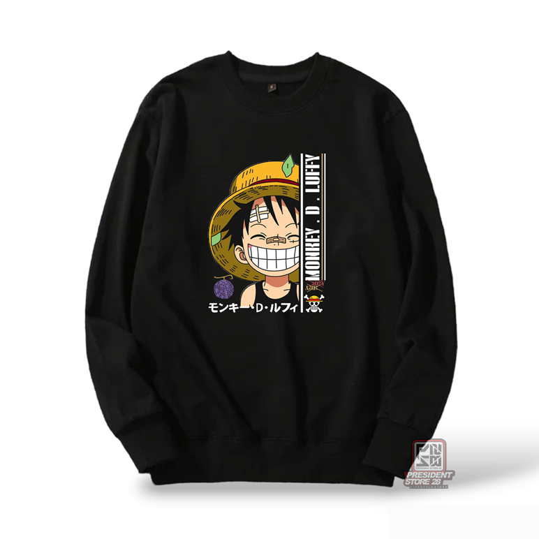 Jual SWEATER CREWNECK PRIA ANIME ONE PIECE Luffy Oversize Hitam Fleece ...