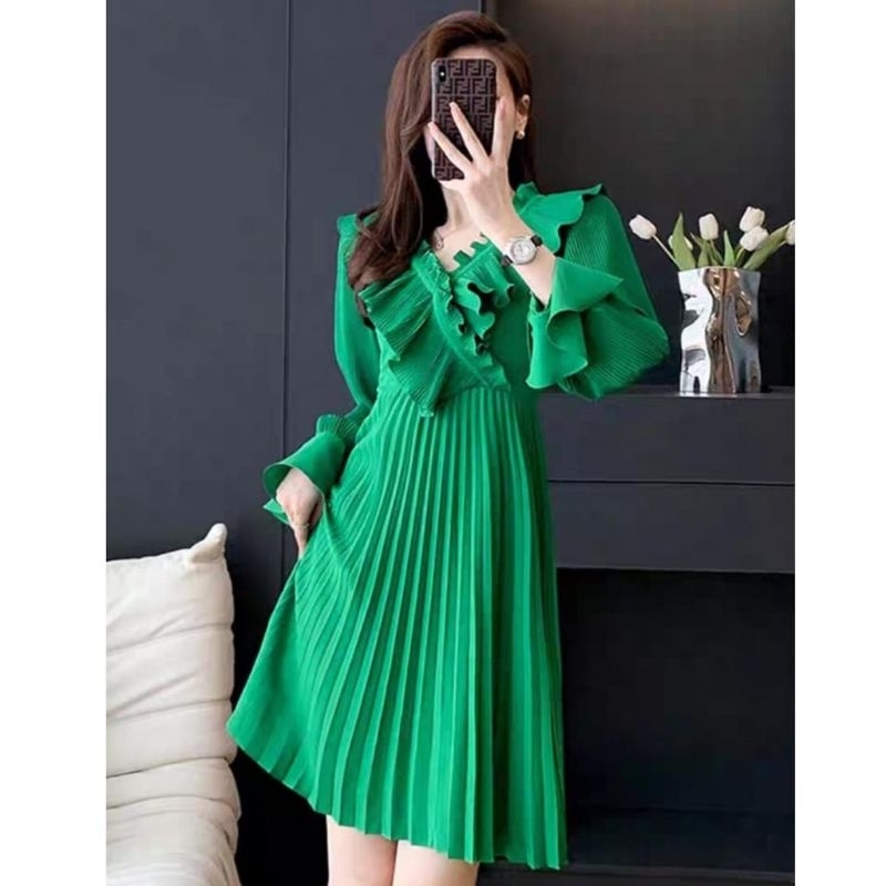 Jual 0947 Fashion Mini dress minidress lengan panjang plisket rempel ...