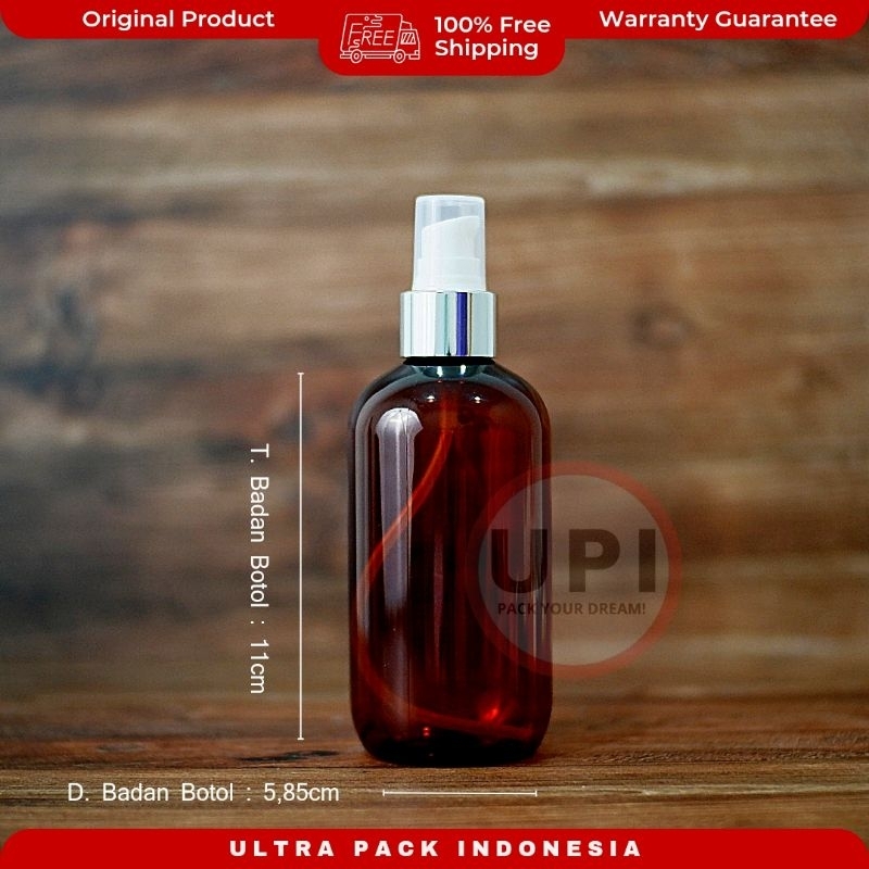 Jual KEMASAN BOTOL PUMP SERUM ISI ULANG - BOTOL PET SBR 250ML AMBER + TREATMENT PUMP HALF CAP ...