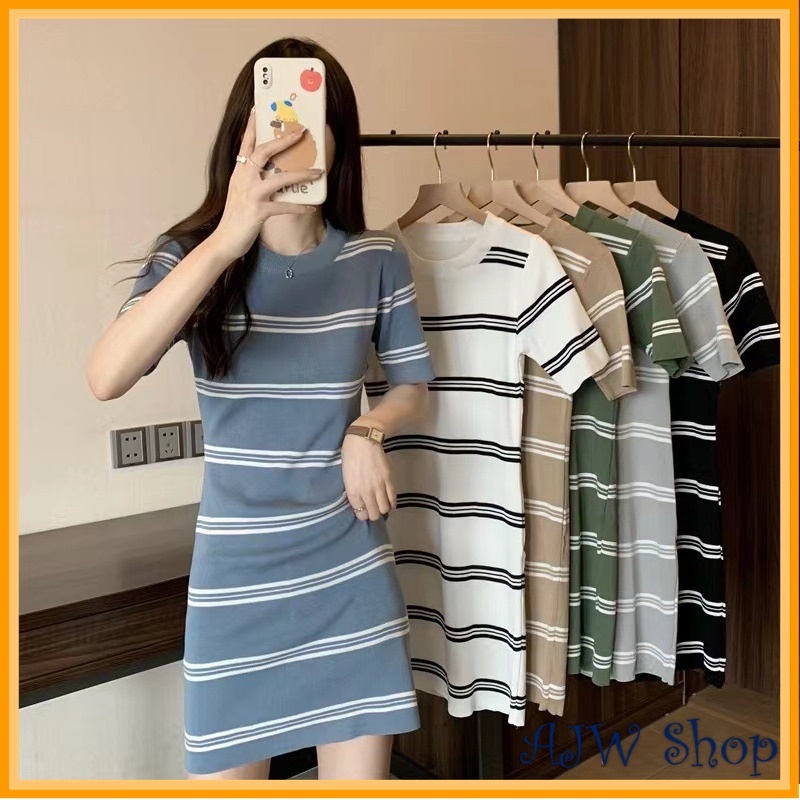 Jual AJW Long Dress Dress Korean Style Rajut Motif Salur SAE SAC | Long ...