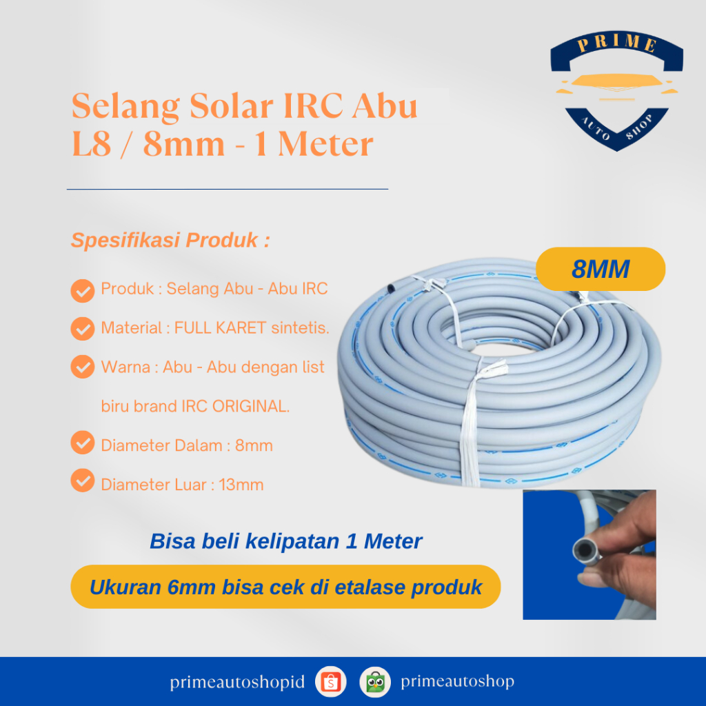 Jual Selang Solar L8 IRC Abu 1 Meter / Selang Solar IRC 8mm 1 Meter ...