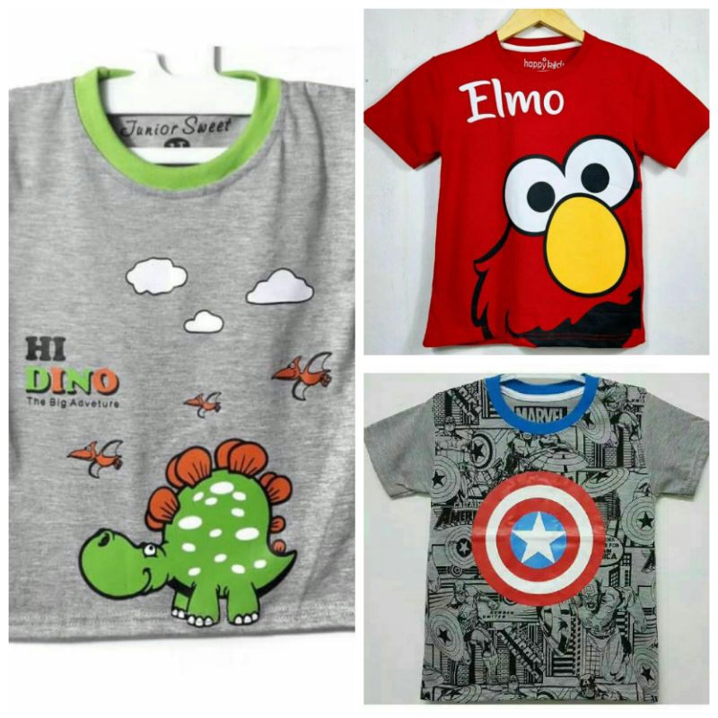 Jual Sz 1-10 kaos anak cowok karakter DORAEMON KUNING/DINO/ ELMO MERAH ...