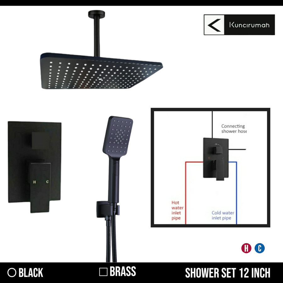 Jual Rain shower set hitam 12 inch kuningan / Kran shower tanam set ...