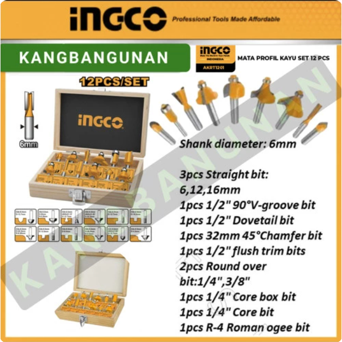 Jual INGCO Mata Mesin Router 12 Pcs (6mm) AKRT1201 Set Bit Lurus ...