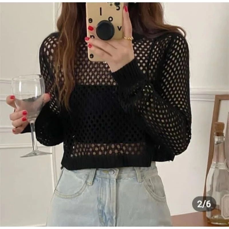 Jual Sweater Basic Outer Crop Rajut Jaring Ootd Fuji | Shopee Indonesia